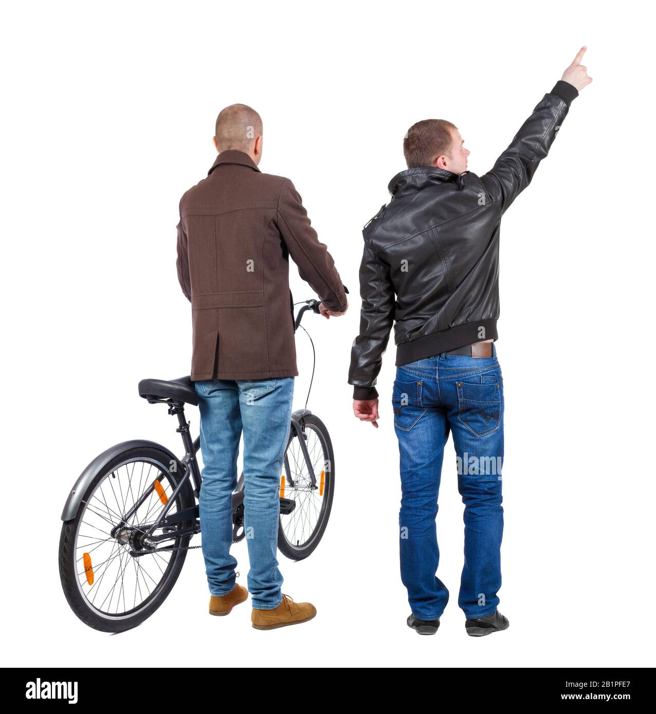 Back view of two man on a bicycle in winter jacket. Rear view people ...