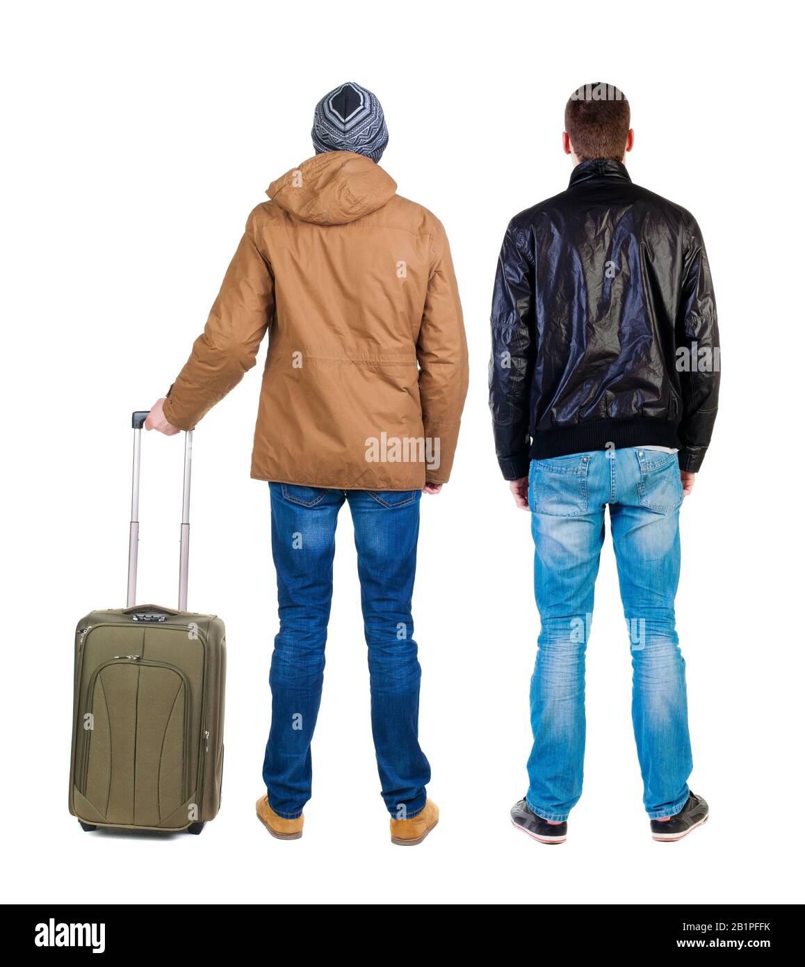 Back view of two man in winter jacket traveling with suitcas. Back view ...