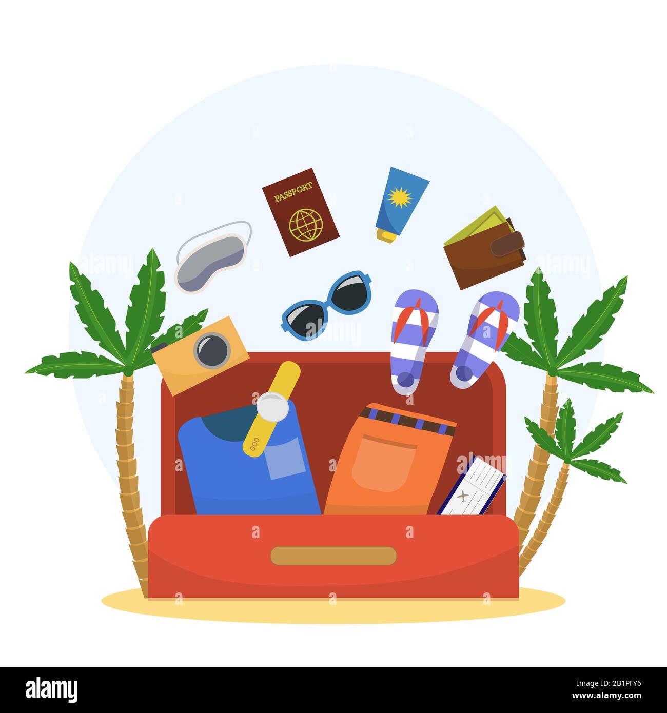 Open bag for travelers with the necessary set of thing on a background ...