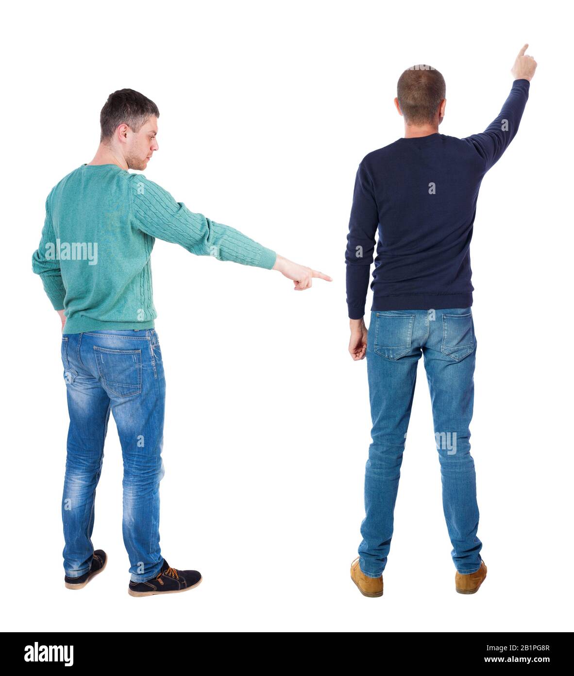 Back view of two man in sweater pointing. Rear view people collection ...