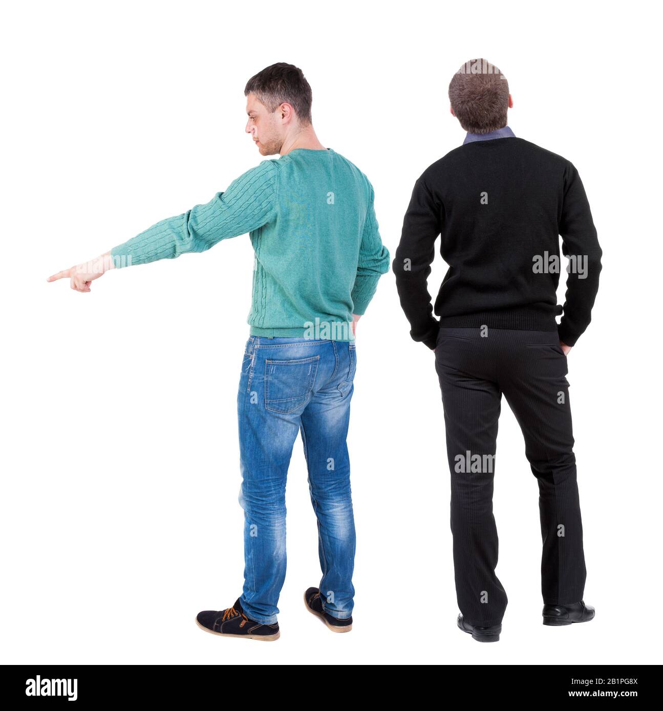 Back view of two man in sweater pointing. Rear view people collection ...