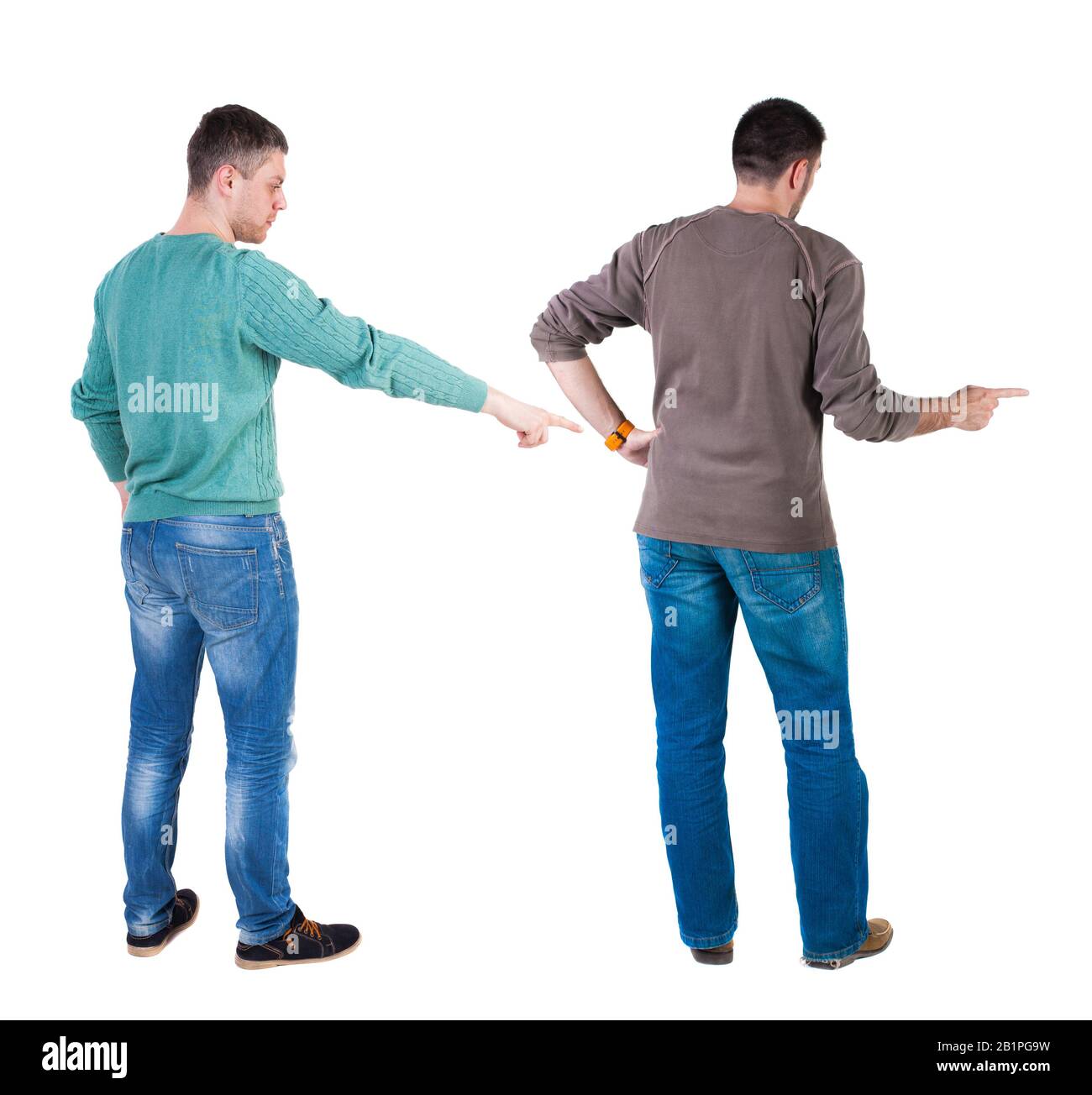 Back view of two man in sweater pointing. Rear view people collection ...