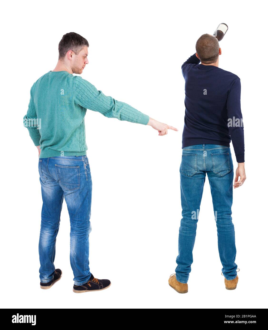 Back view of two man in sweater pointing. Rear view people collection ...