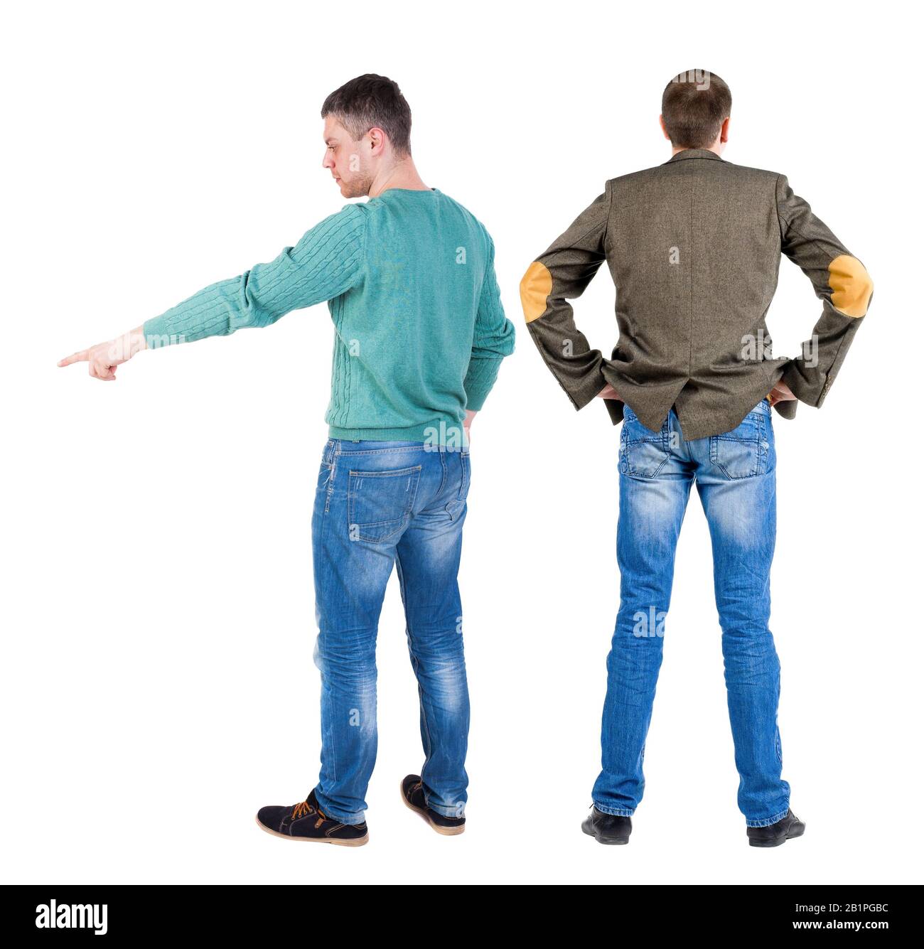 Back view of two man in sweater pointing. Rear view people collection ...