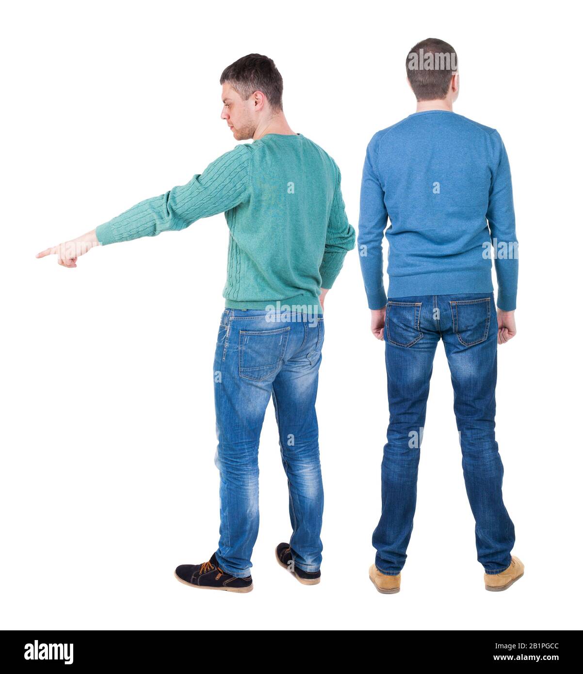 Back view of two man in sweater pointing. Rear view people collection ...