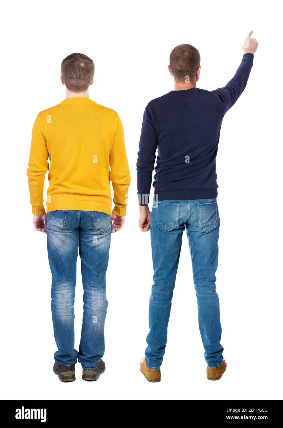 Back view of two man in sweater pointing. Rear view people collection ...