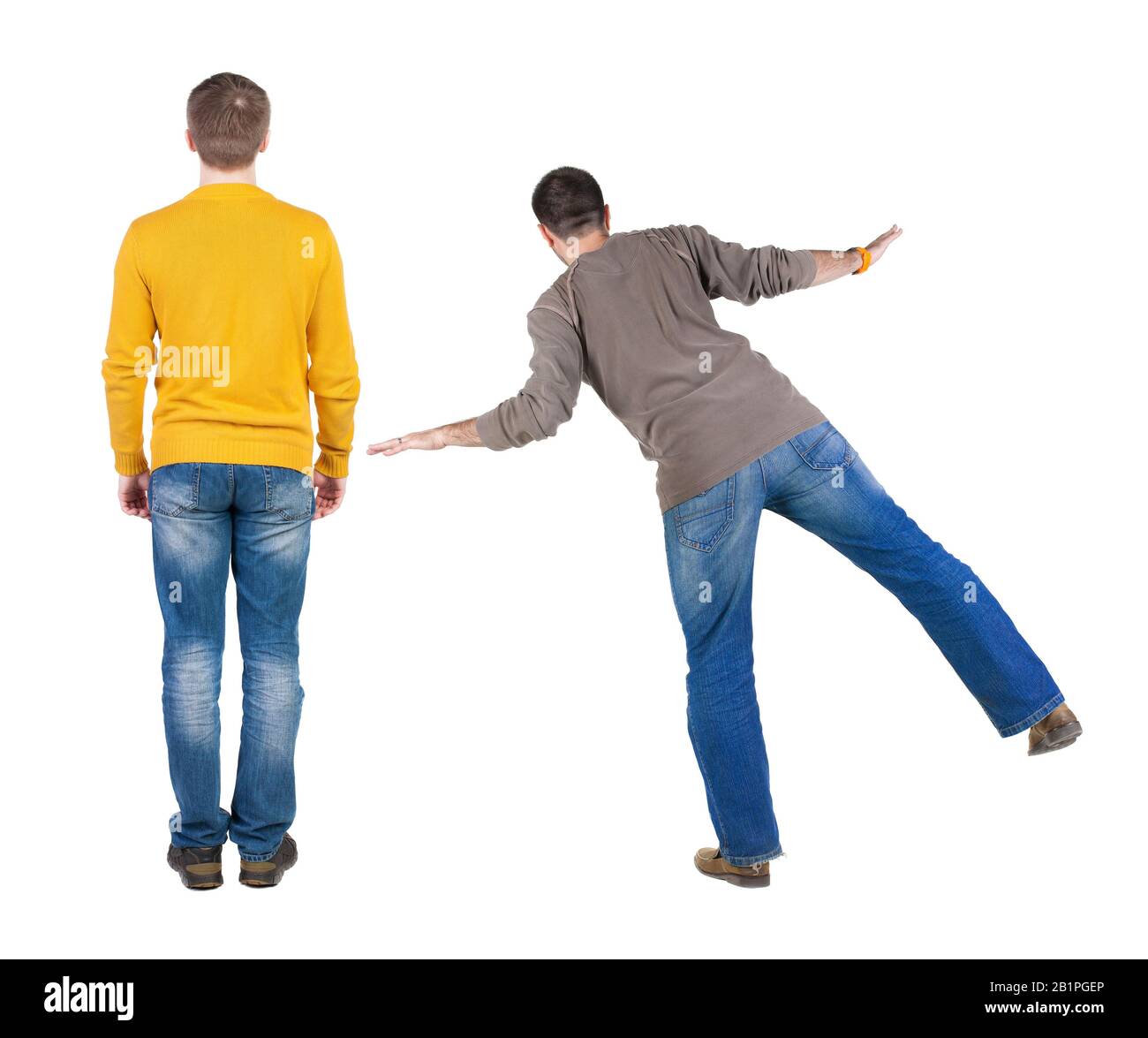 Back view two man in sweater. Rear view people collection. backside ...