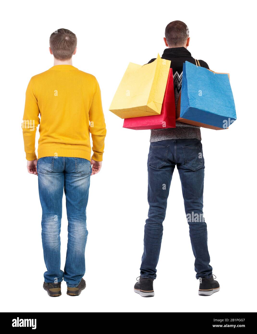 back view of two man with shopping bags. backside view of person. Rear ...