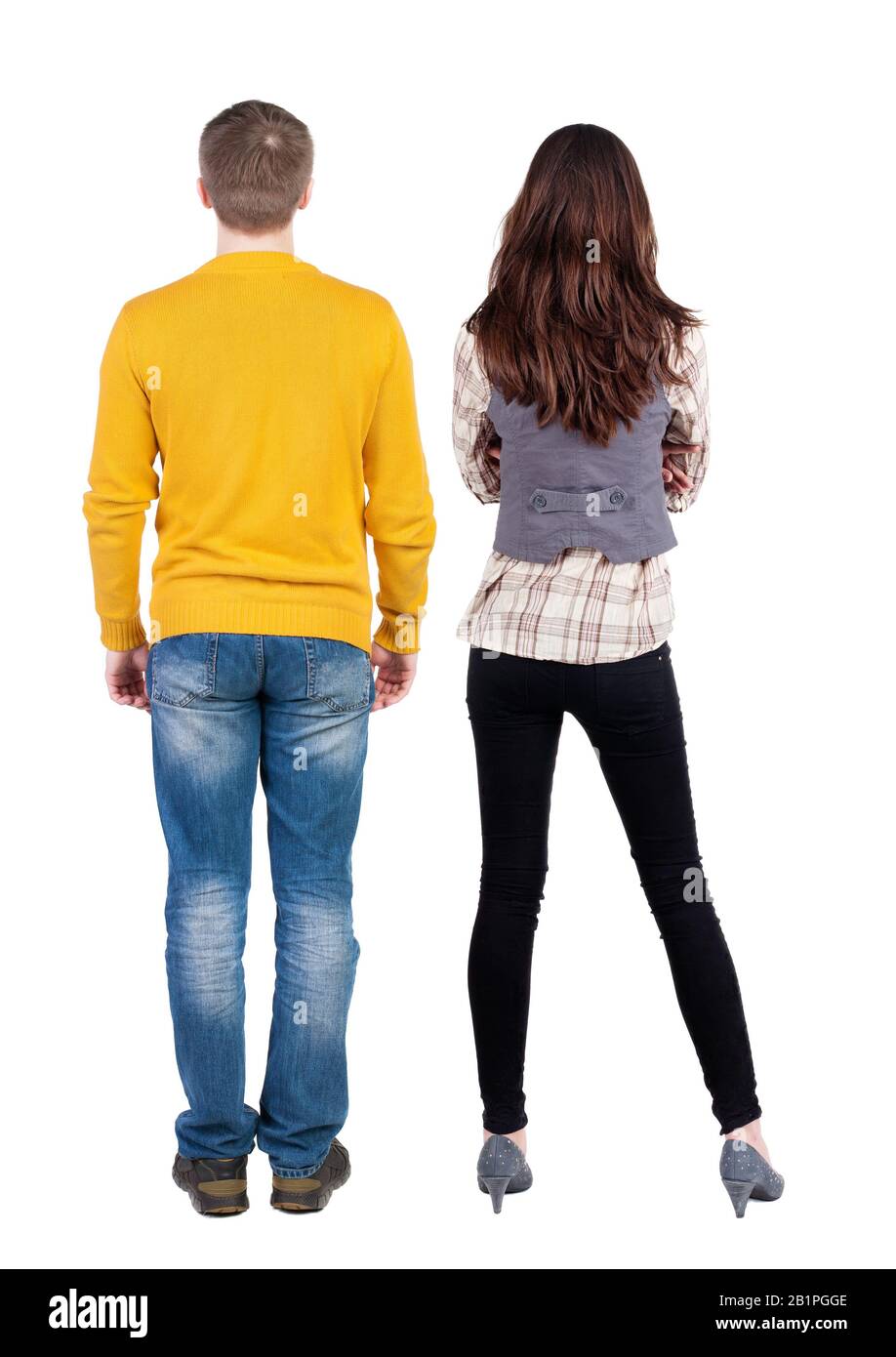Back view couple in sweater. beautiful man and woman. Rear view people ...