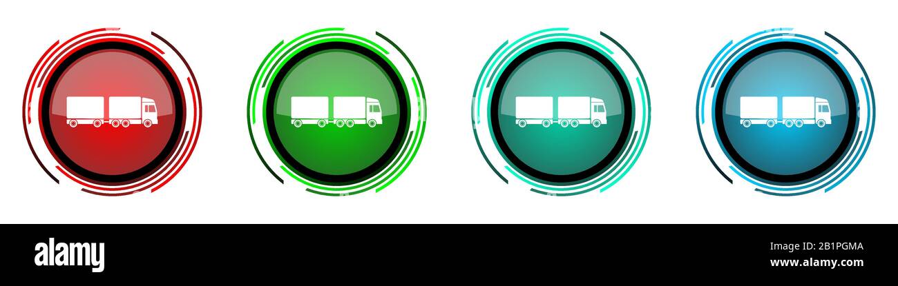 Truck with long semi trailer round glossy vector icons, transport set ...