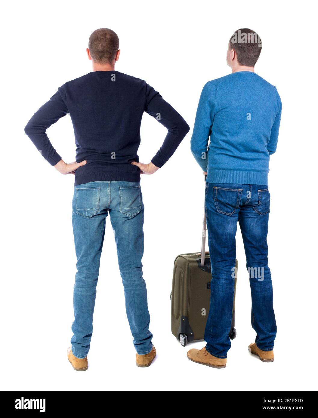 Back view of two man in sweater with suitcas. Back view. Rear view ...