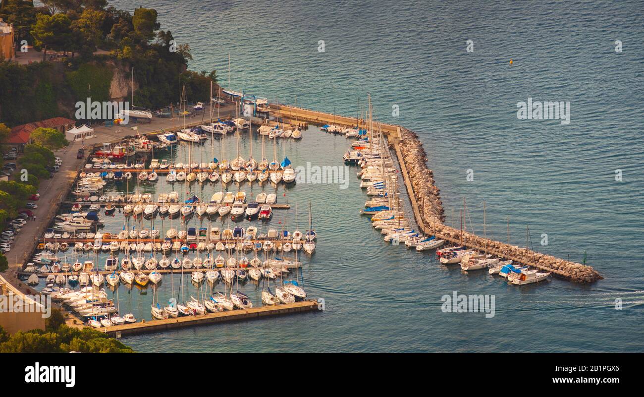 Top view of Grignano dock full of boats Stock Photo - Alamy