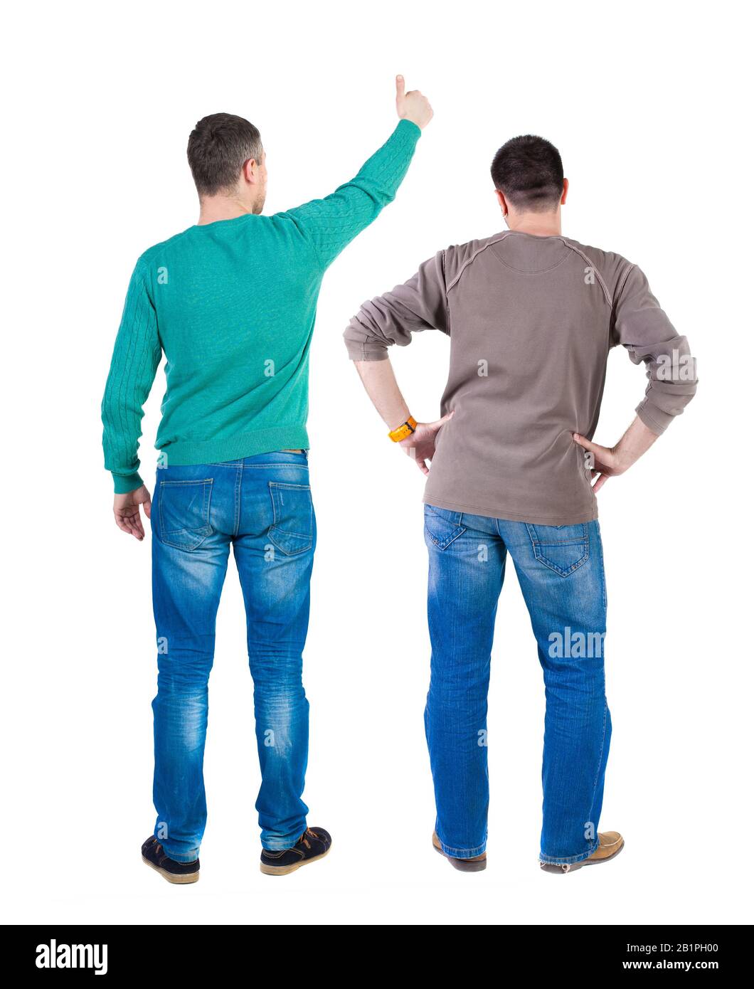 Back view two man in sweater showing thumb up. Rear view people ...