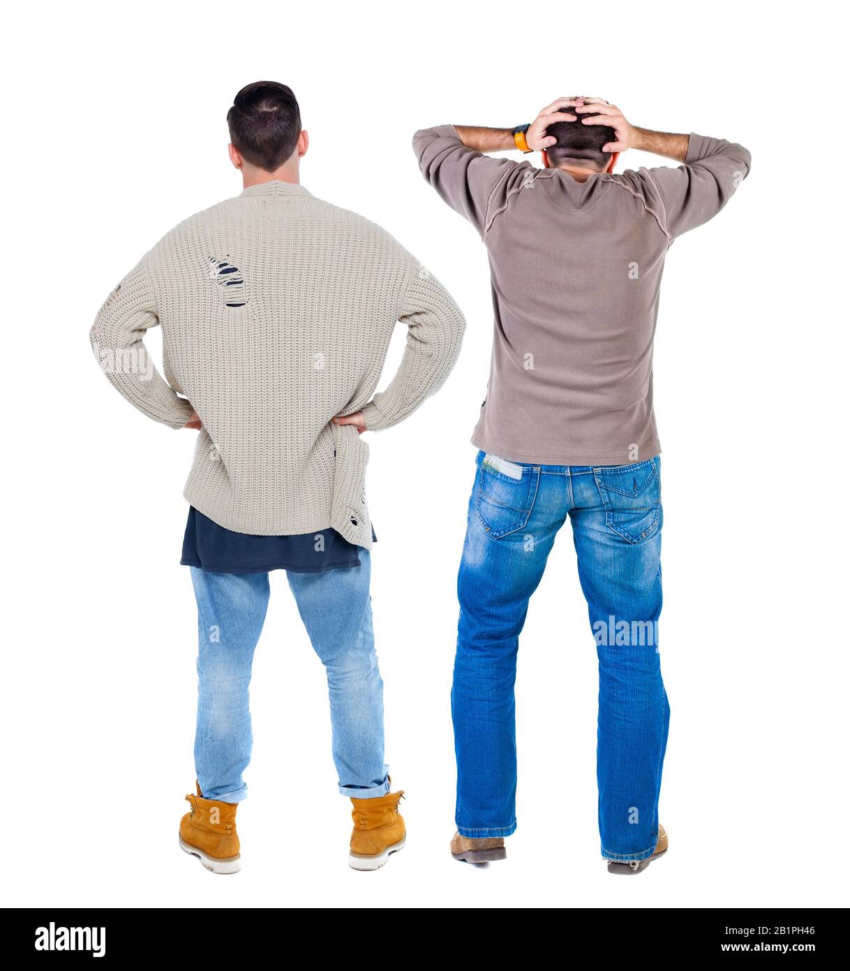 Back view two man in sweater. Rear view people collection. backside ...