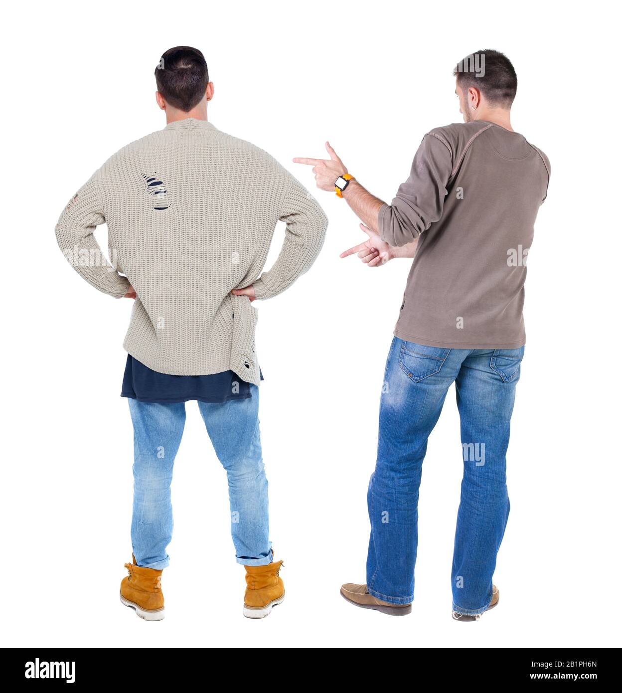 Back view of two man in sweater pointing. Rear view people collection ...
