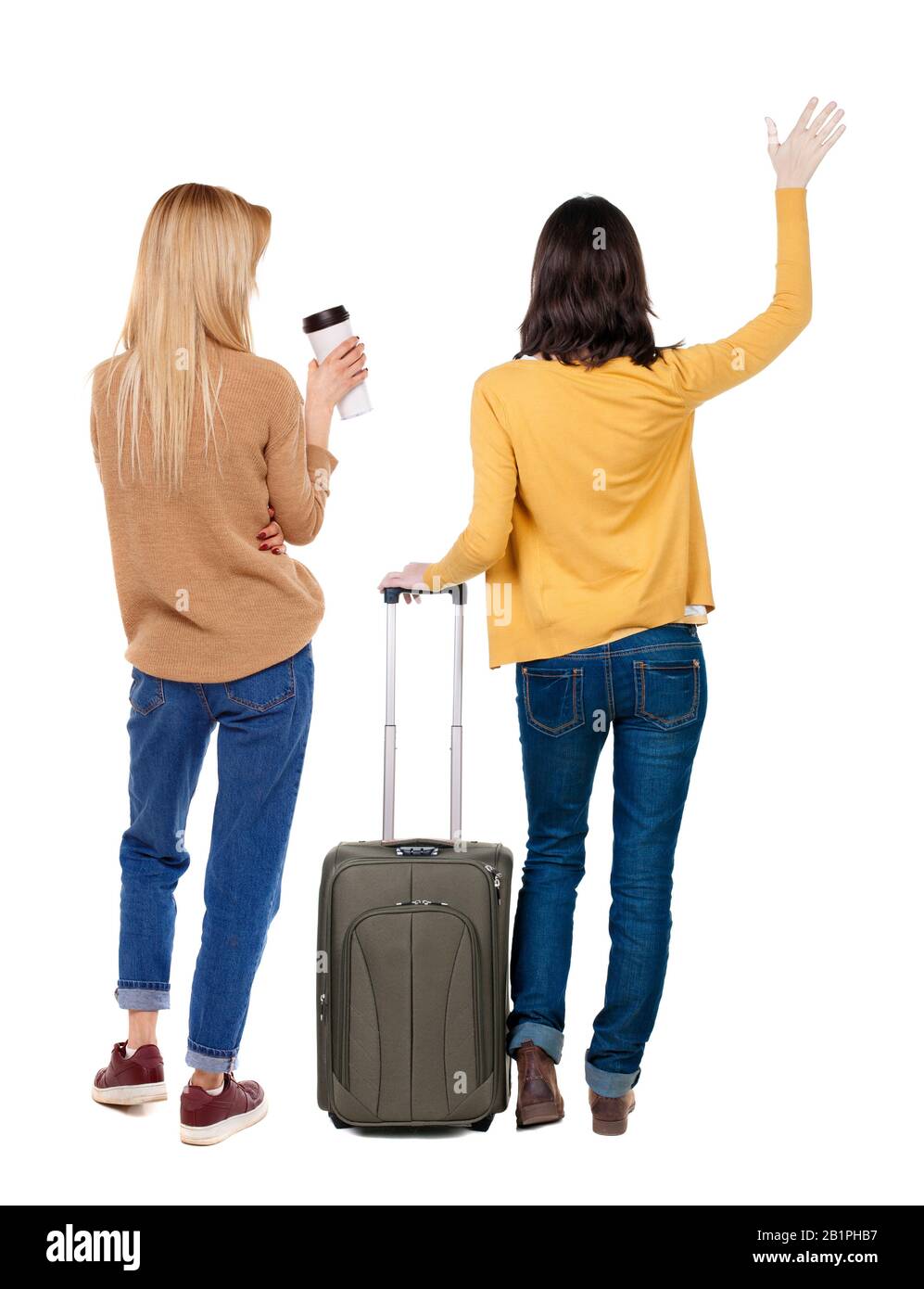 Back view of two woman in sweater with suitcas. Back view. Rear view ...