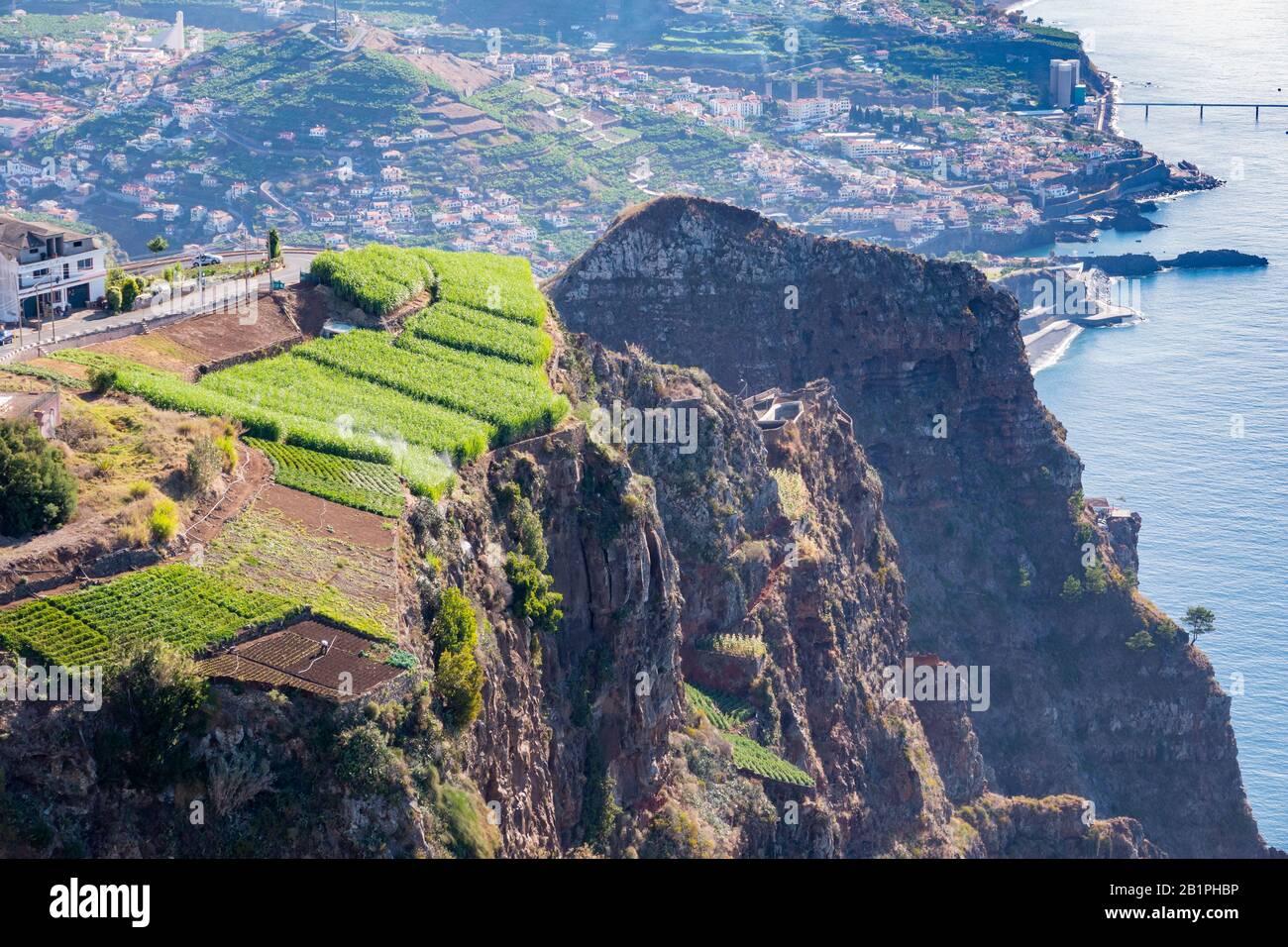 Agricultural landscape with green crops including sugar cane on steep ...
