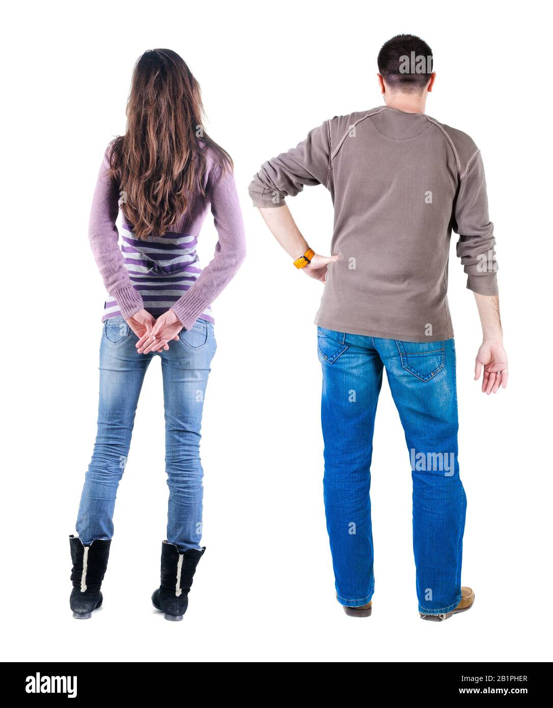 Back view couple in sweater. beautiful man and woman. Rear view people ...