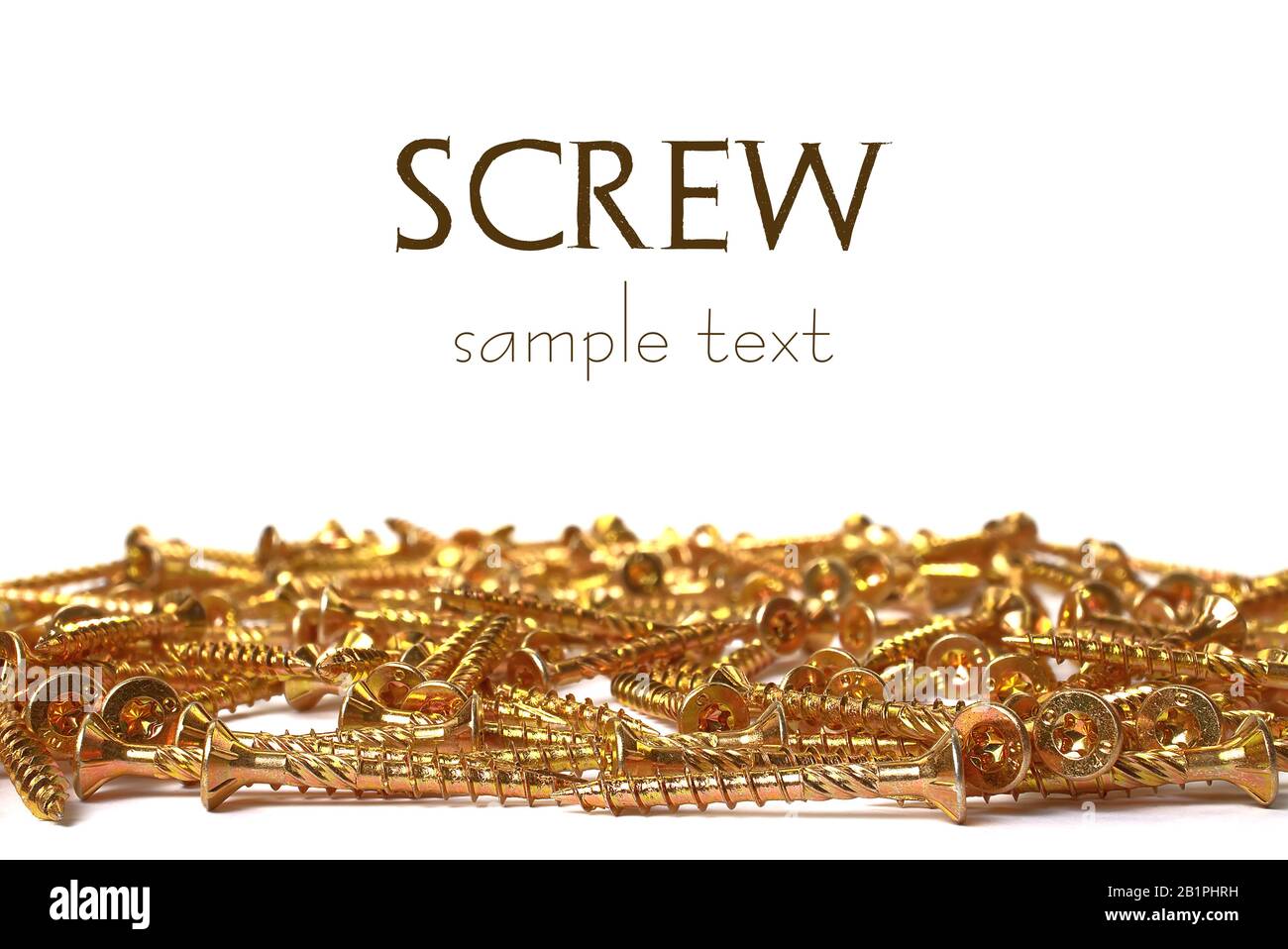 Gold screws scattered randomly on a white background. Torx yellow zinc ...