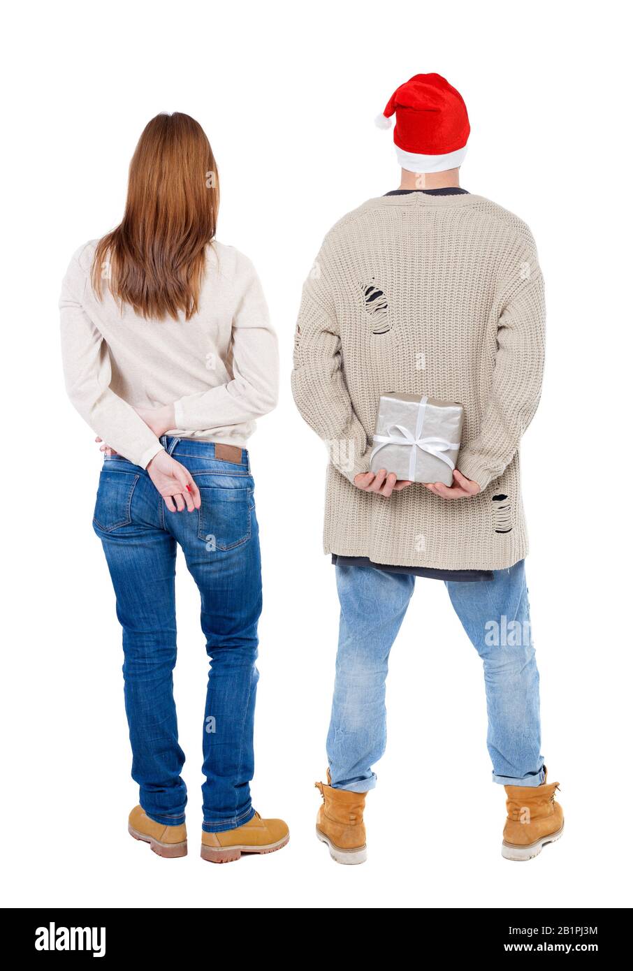 Back view couple in sweater. beautiful man and woman. Rear view people ...