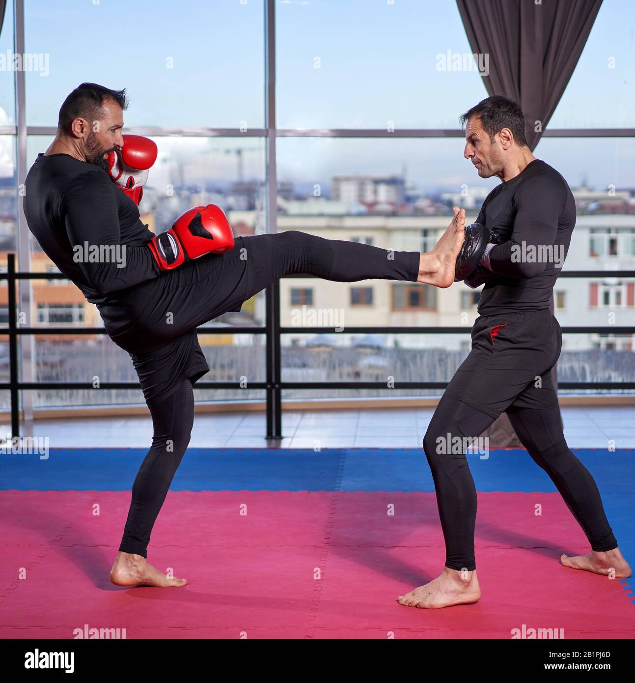 Kickboxer hitting pads with his coach in the gym Stock Photo - Alamy