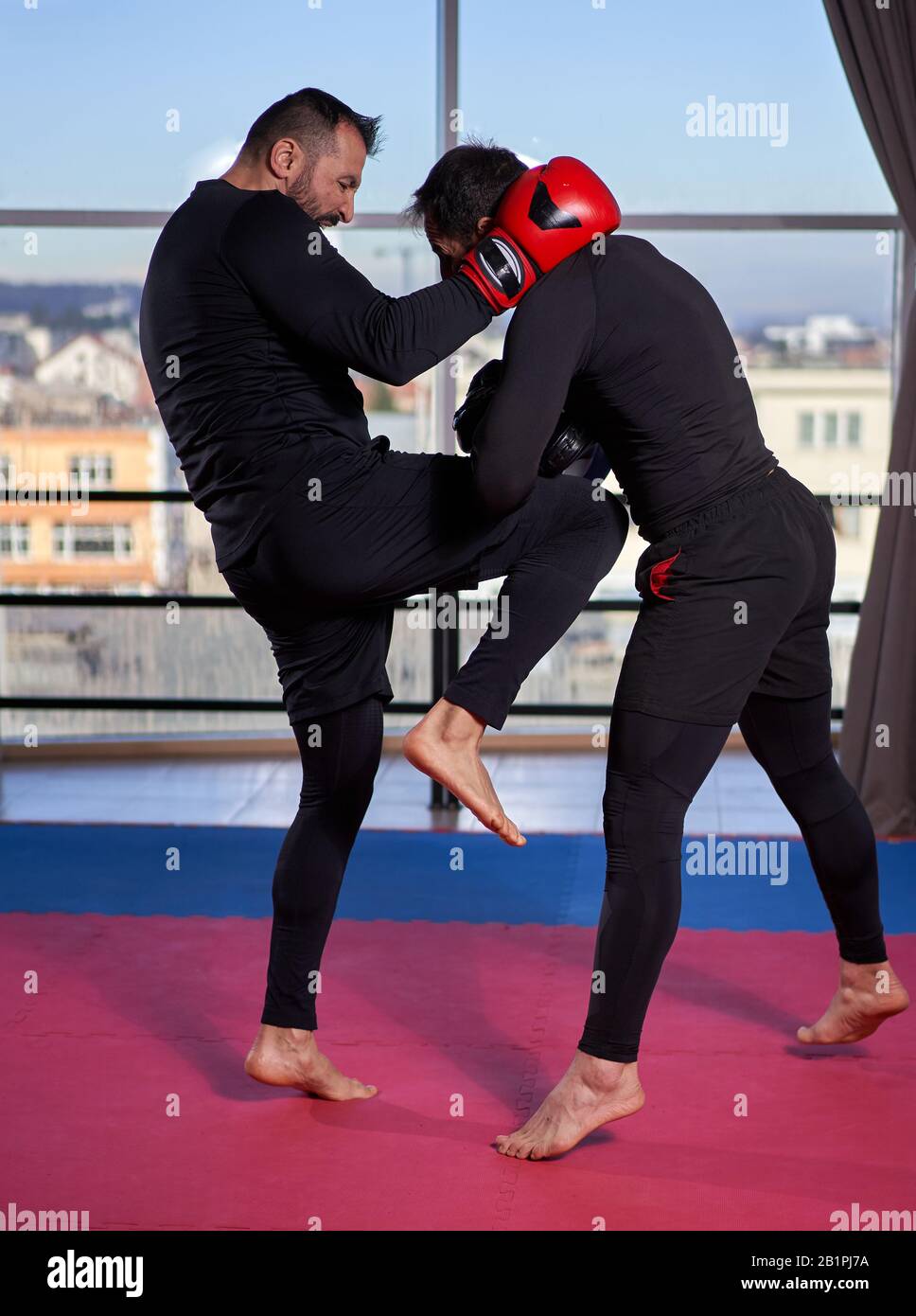 Kickboxer hitting pads with his coach in the gym Stock Photo - Alamy