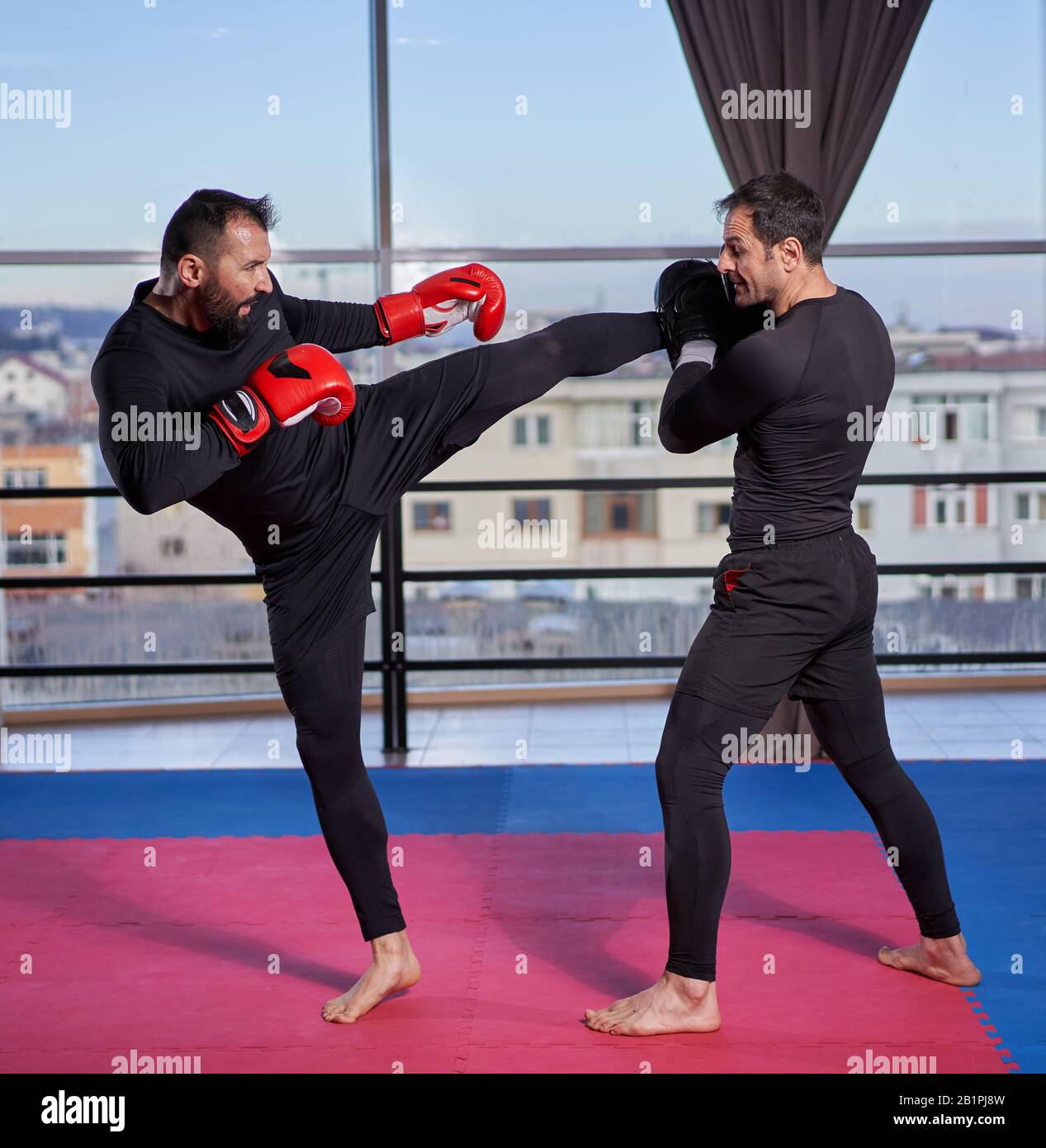 Kickboxer hitting pads with his coach in the gym Stock Photo - Alamy