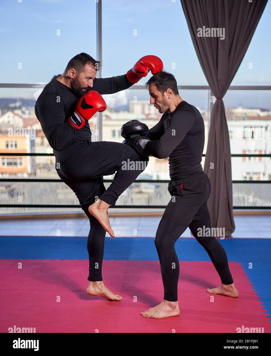 Kickboxer hitting pads with his coach in the gym Stock Photo - Alamy