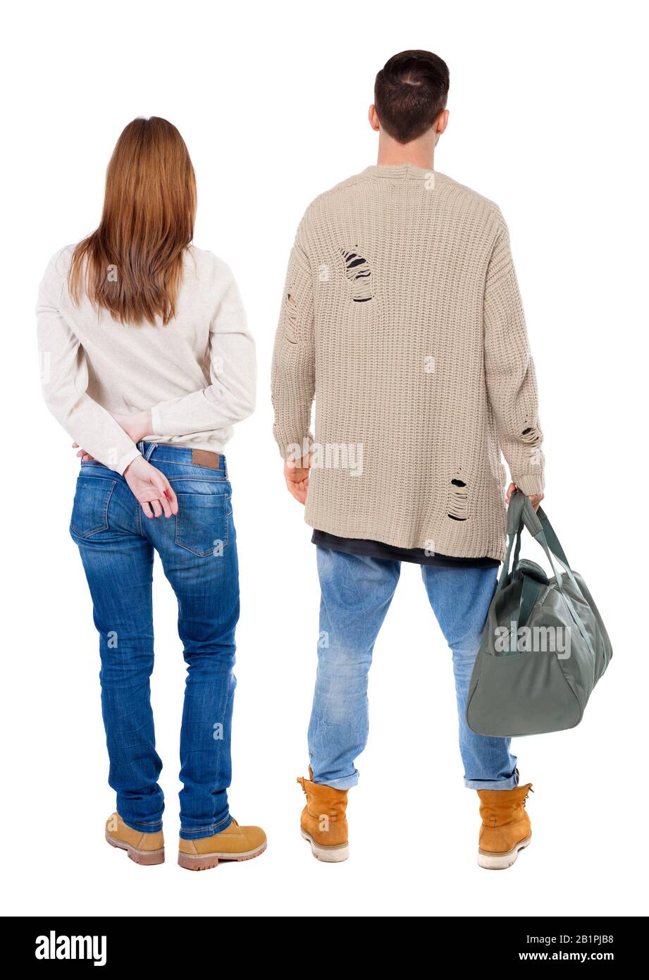 Back view couple in sweater. beautiful man and woman. Rear view people ...