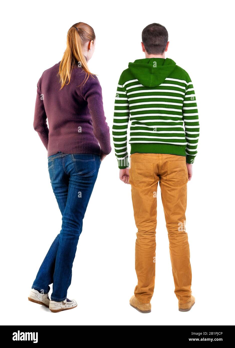 Back view couple in sweater. beautiful man and woman. Rear view people ...