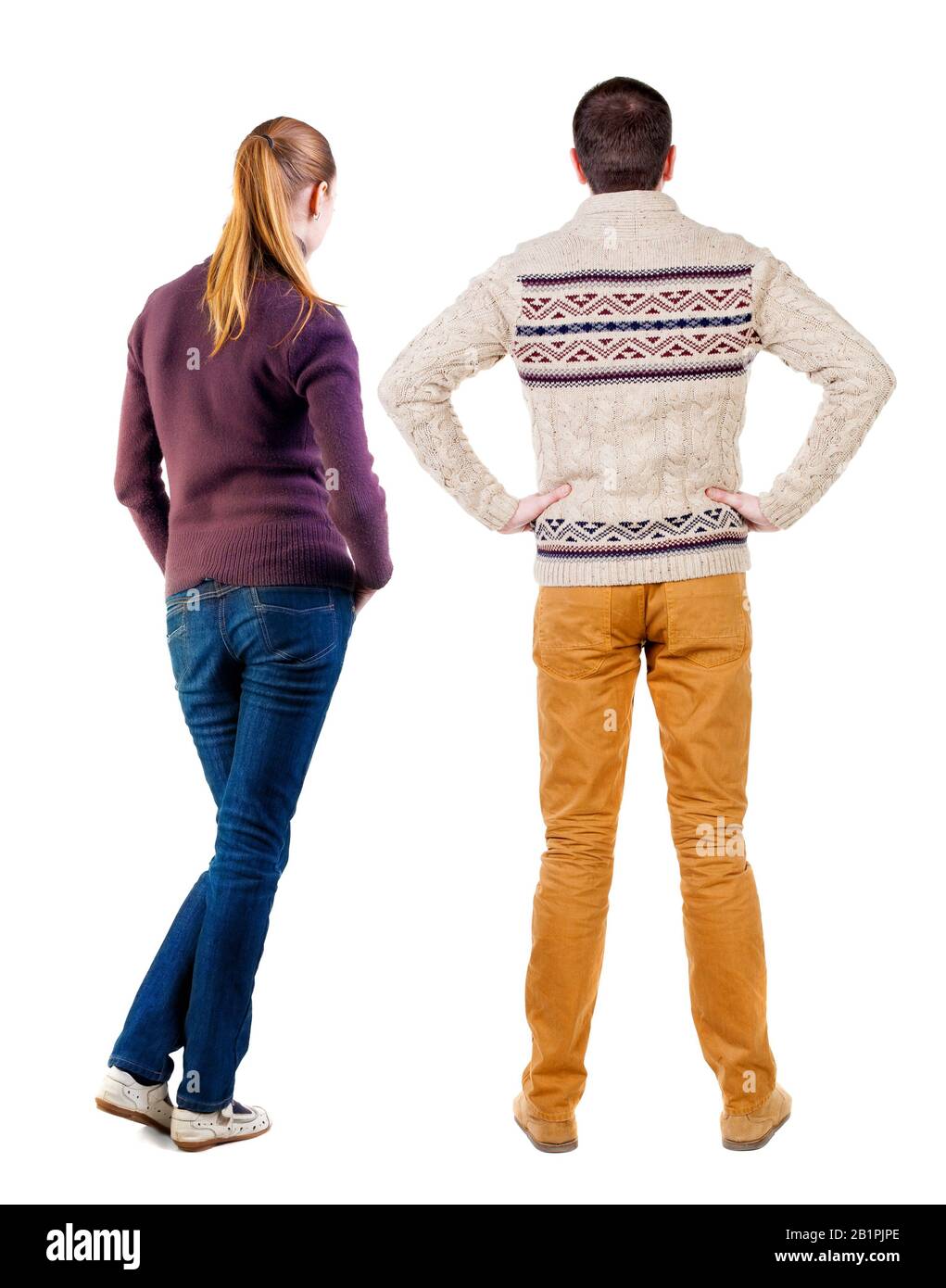 Back view couple in sweater. beautiful man and woman. Rear view people ...