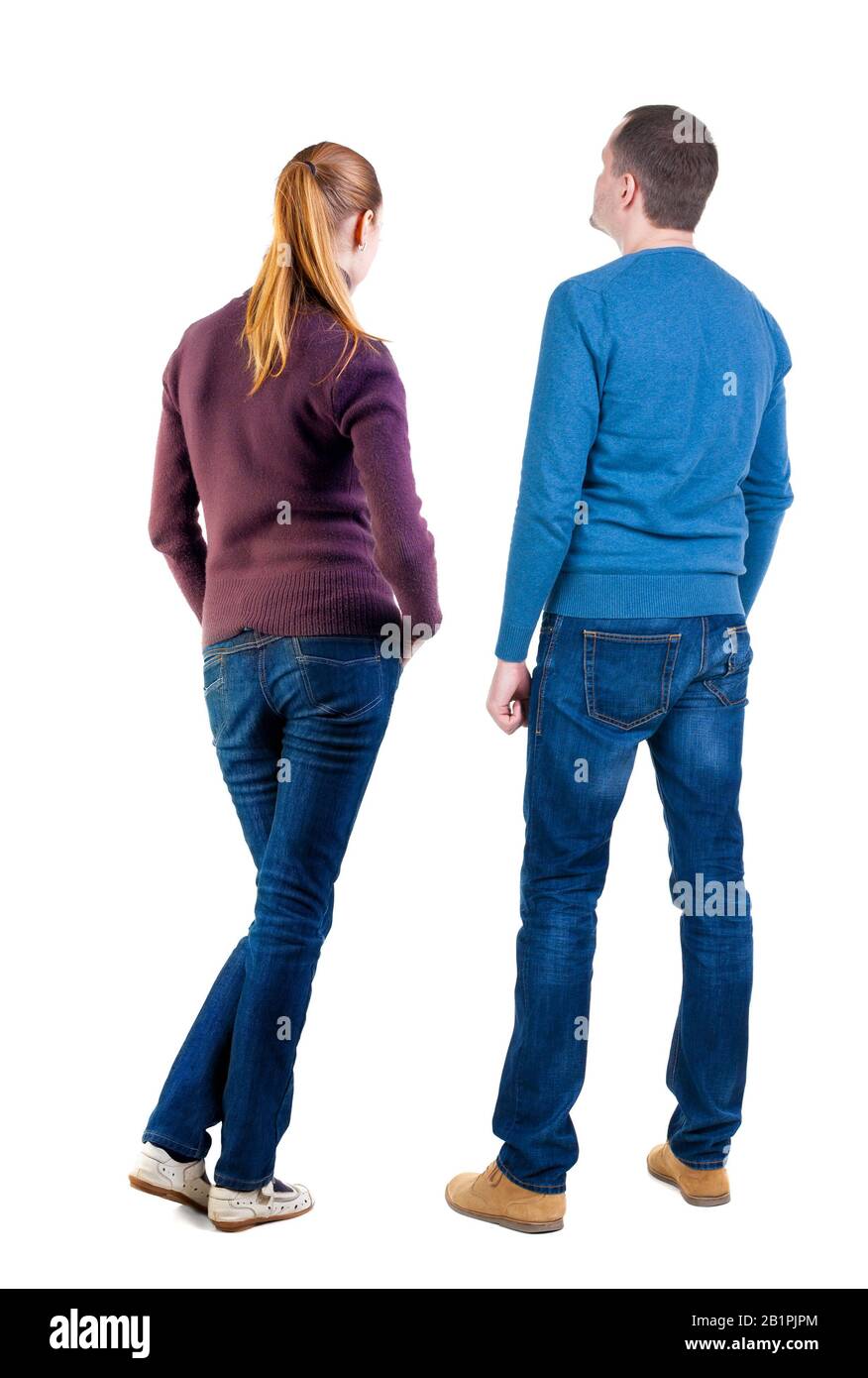 Back view couple in sweater. beautiful man and woman. Rear view people ...