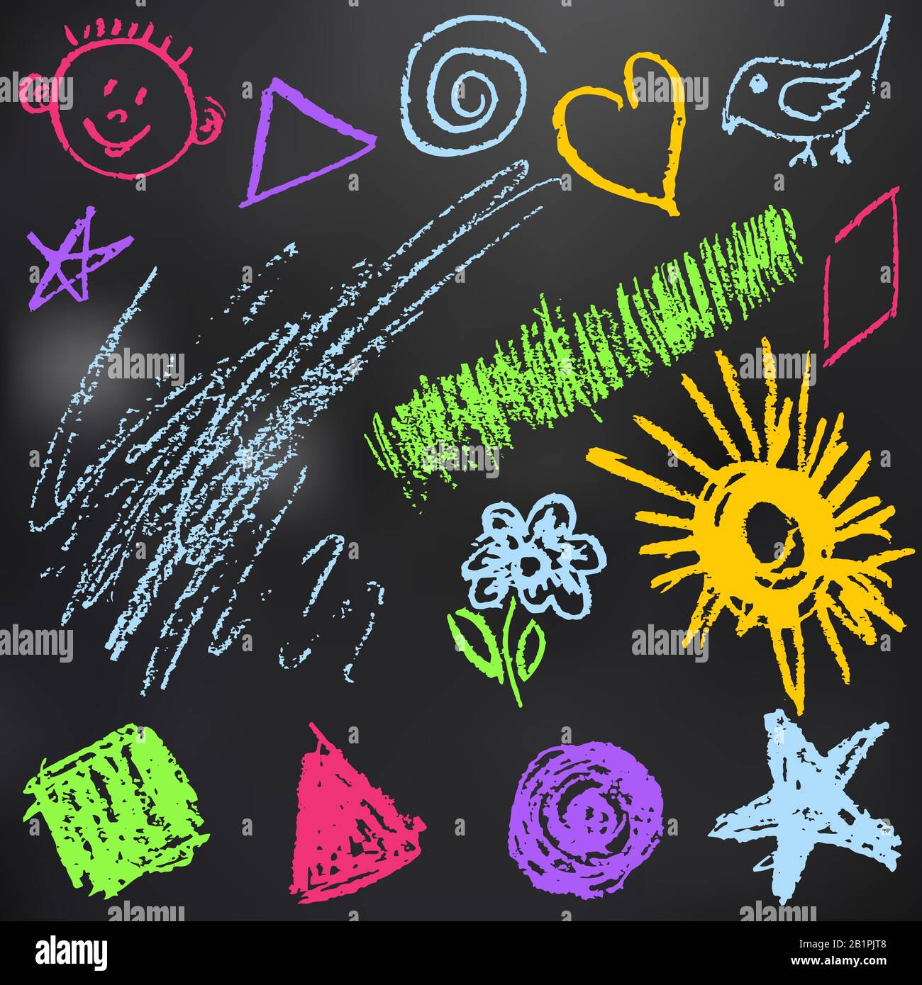 Children's drawing color chalk on a blackboard. Design elements of ...