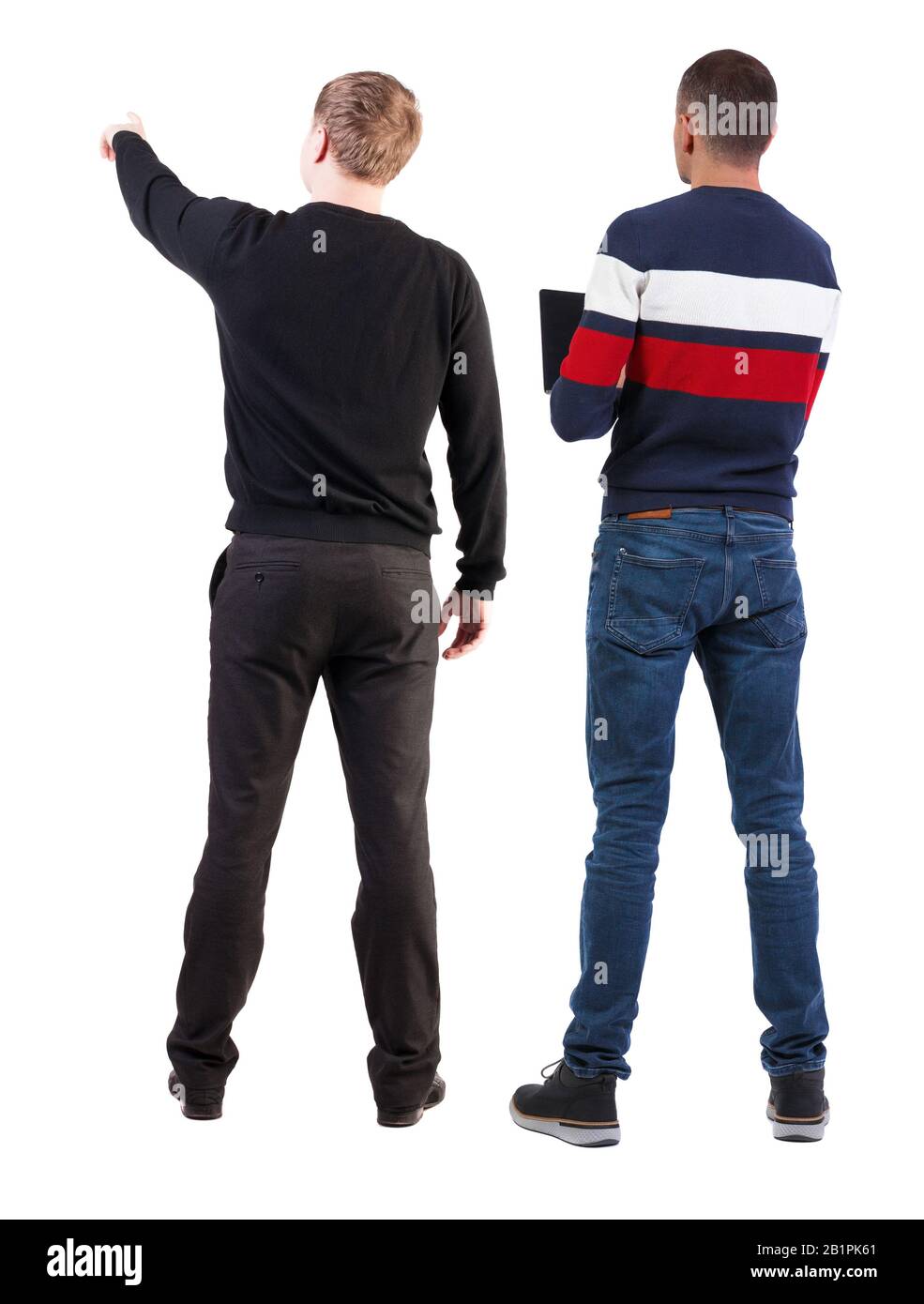 Back view of two man in sweater pointing. Rear view people collection ...