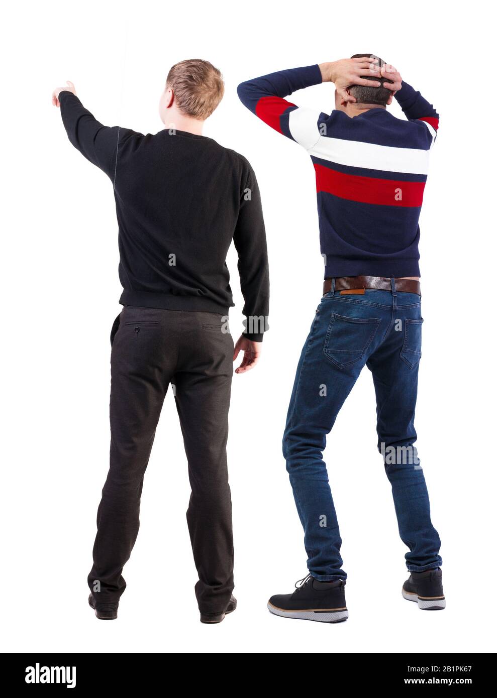 Back view of two man in sweater pointing. Rear view people collection ...