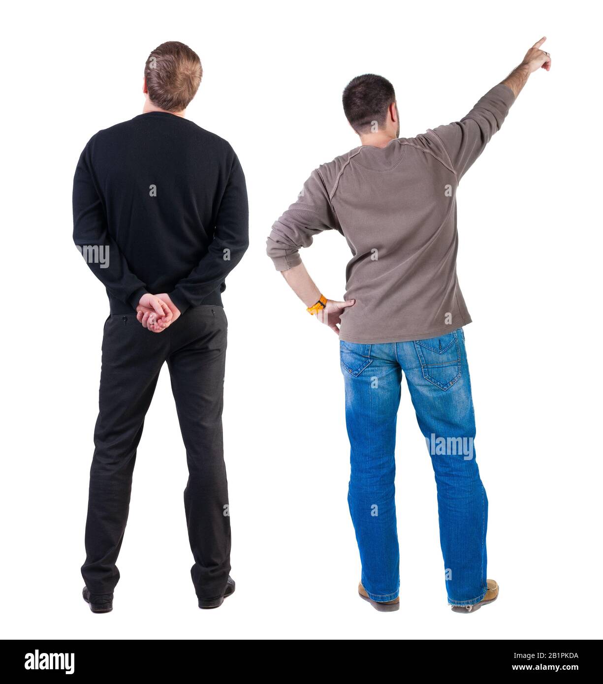 Back view of two man in sweater pointing. Rear view people collection ...