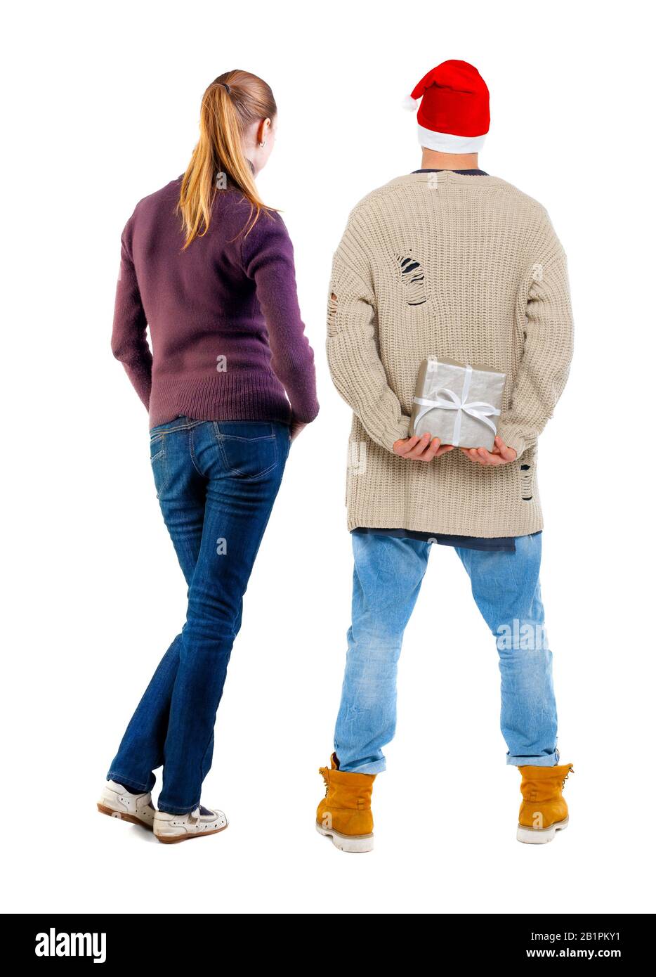 Back view couple in sweater. beautiful man and woman. Rear view people ...