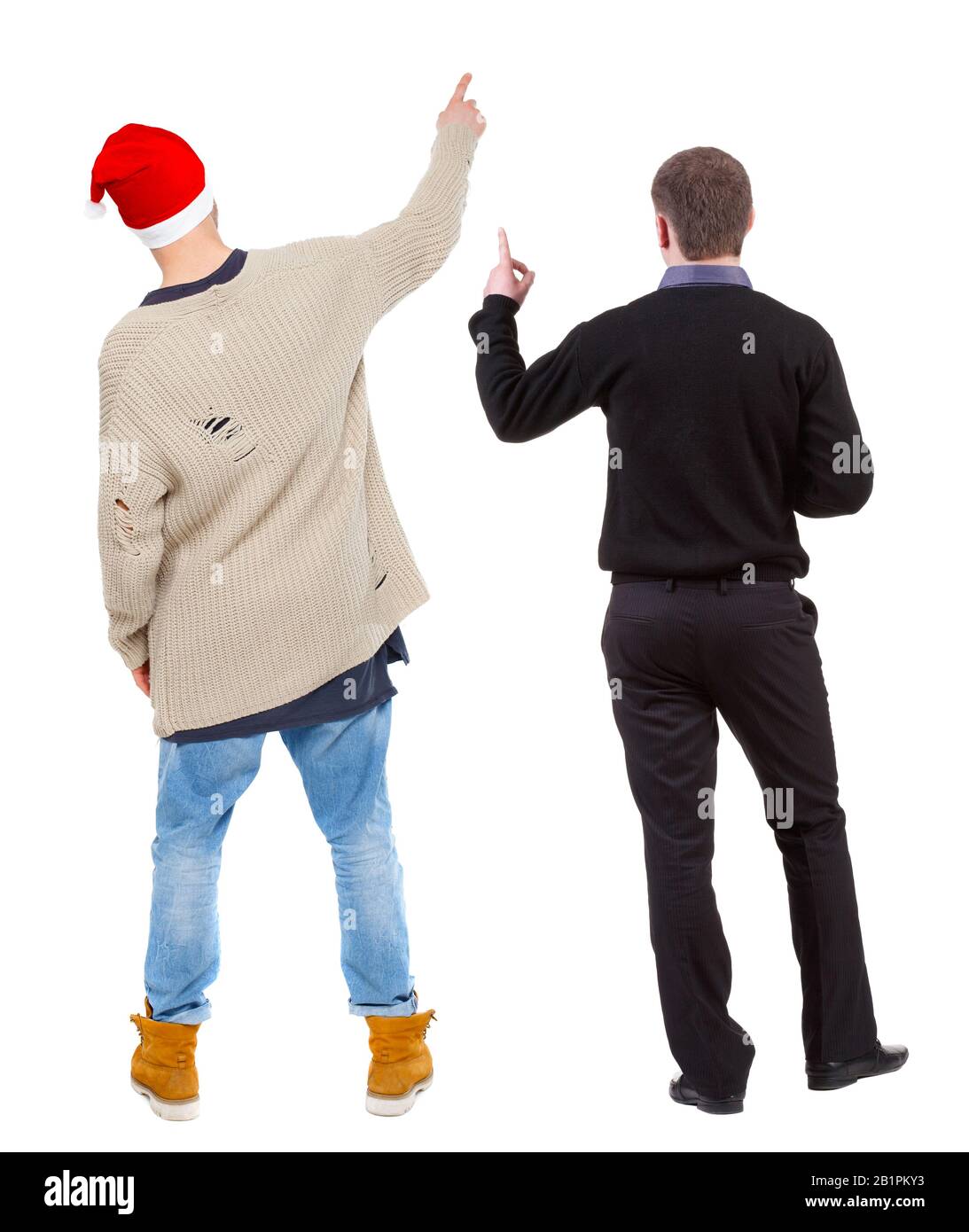 Back view of two man in sweater pointing. Rear view people collection ...