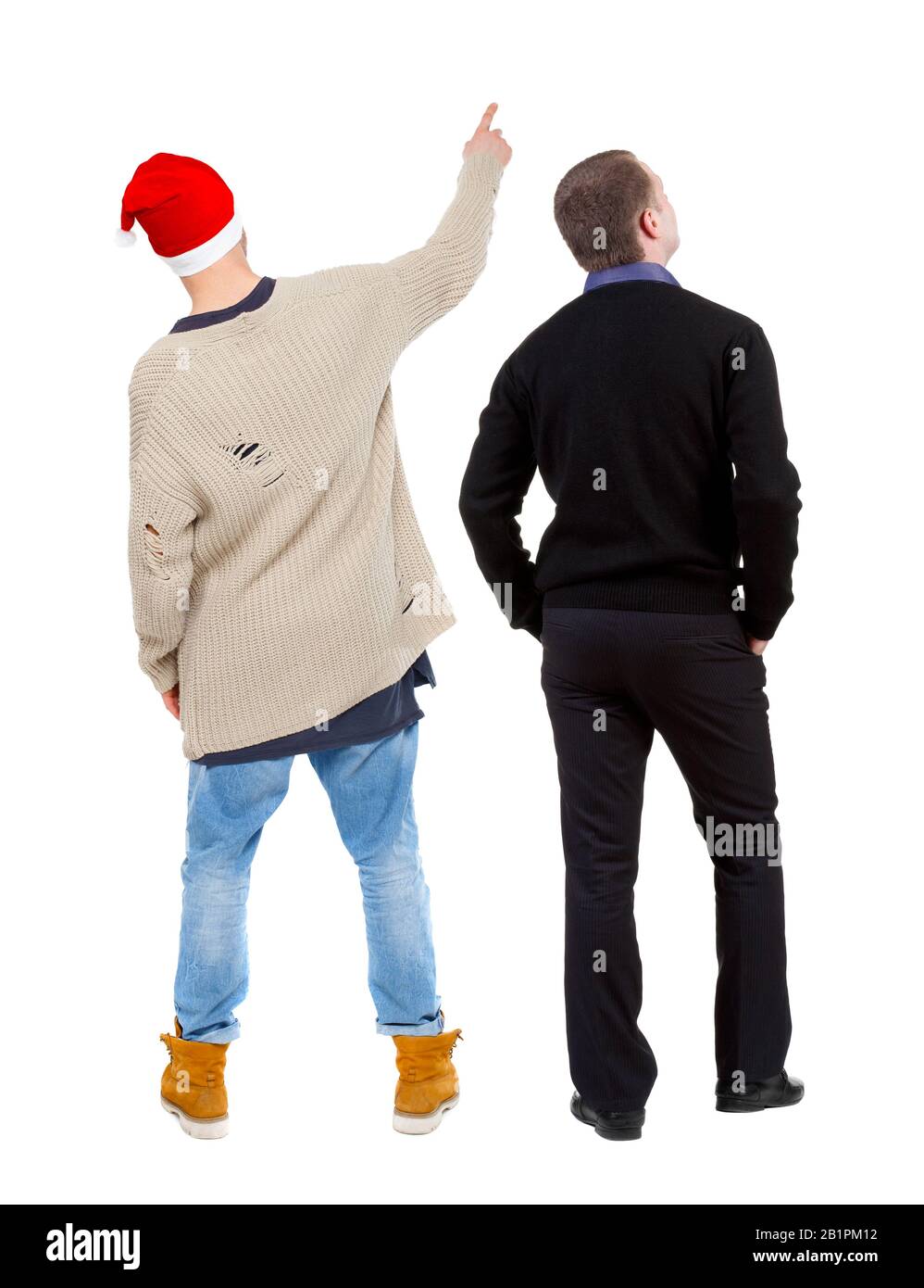 Back view of two man in sweater pointing. Rear view people collection ...