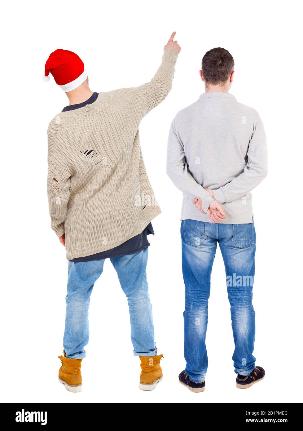 Back view of two man in sweater pointing. Rear view people collection ...