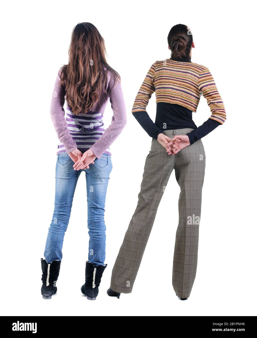 Back view of two woman in sweater. Rear view people collection ...