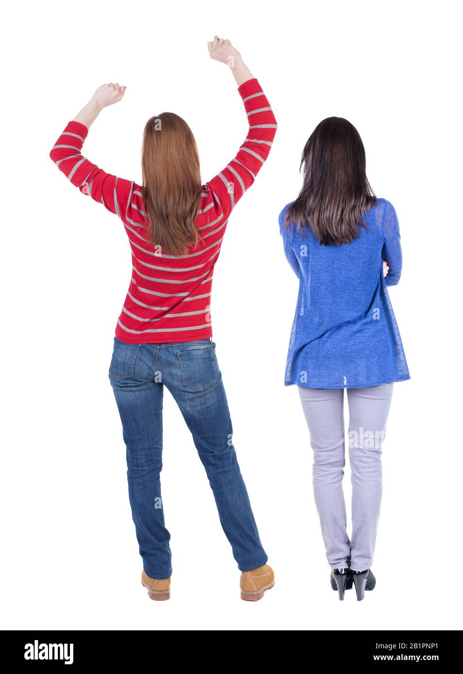 Back view of two woman in sweater. Rear view people collection ...