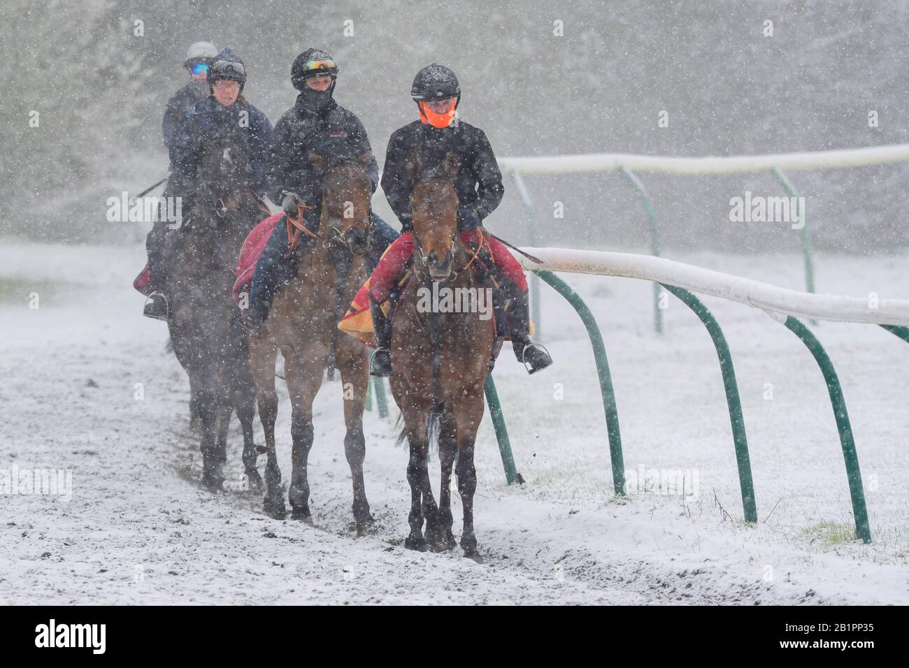 Newmarket, England. 27 February, 2020. Jockeys riding out despite the ...