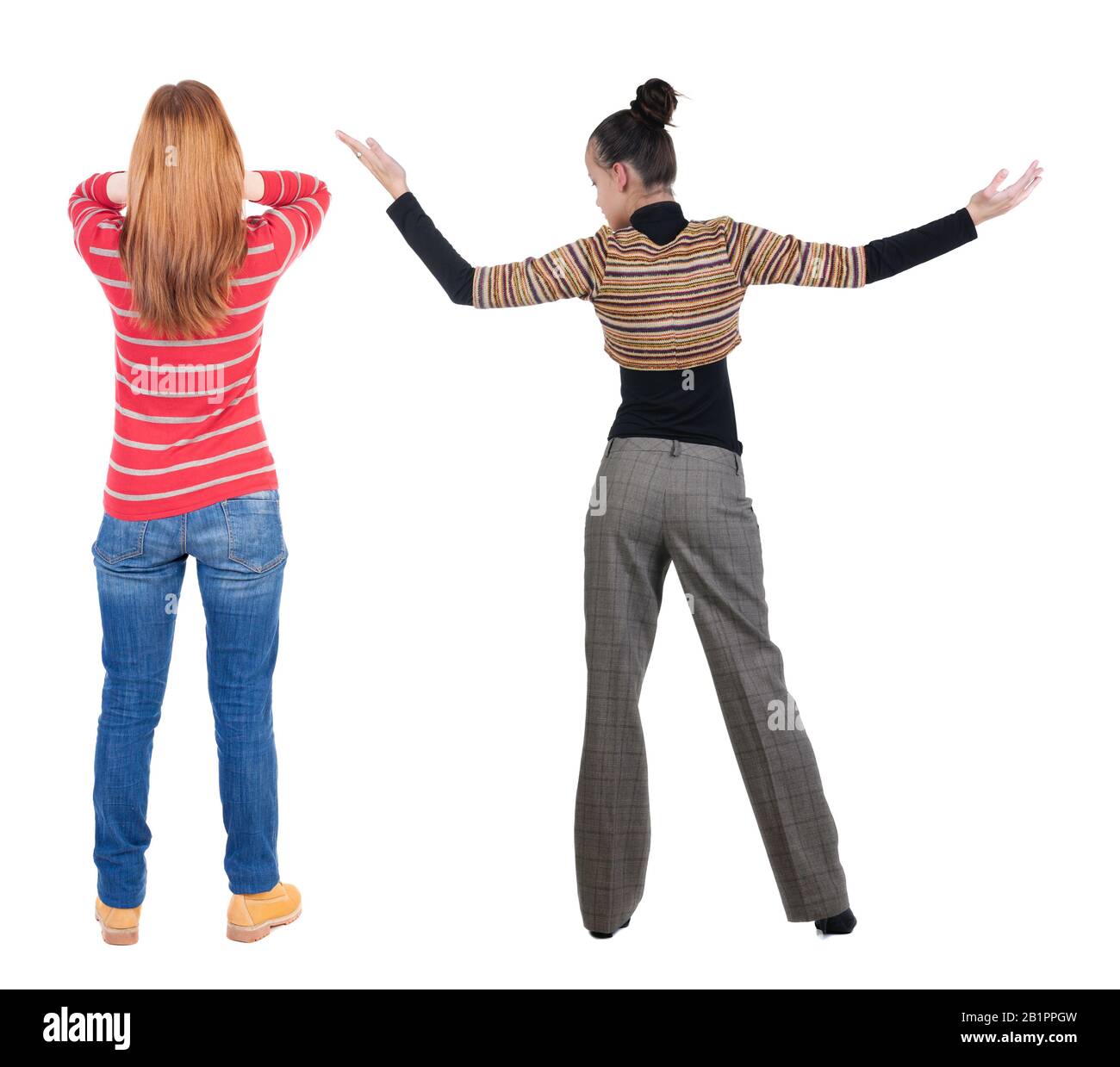 Back view of two woman in sweater. Rear view people collection ...