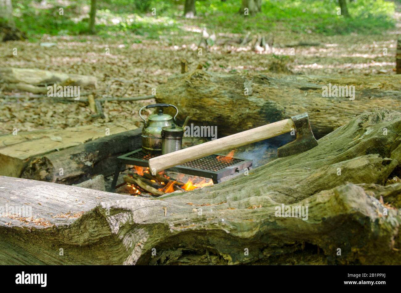 Cooking Tea in Camping Stock Photo - Alamy