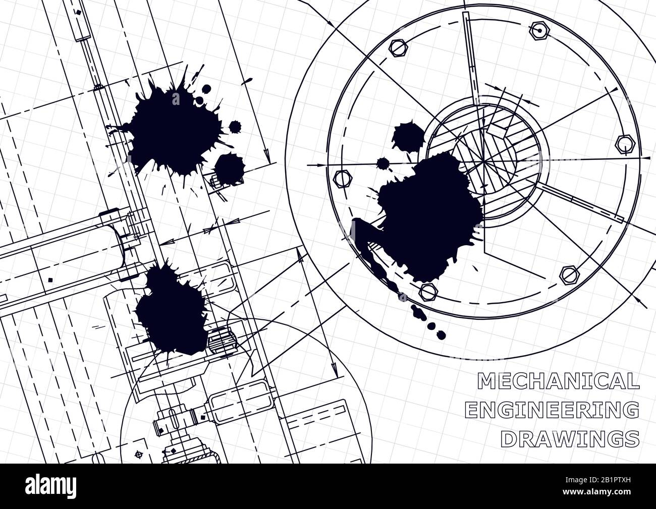 Vector banner. Engineering drawings. Black Ink. Blots. Mechanical ...