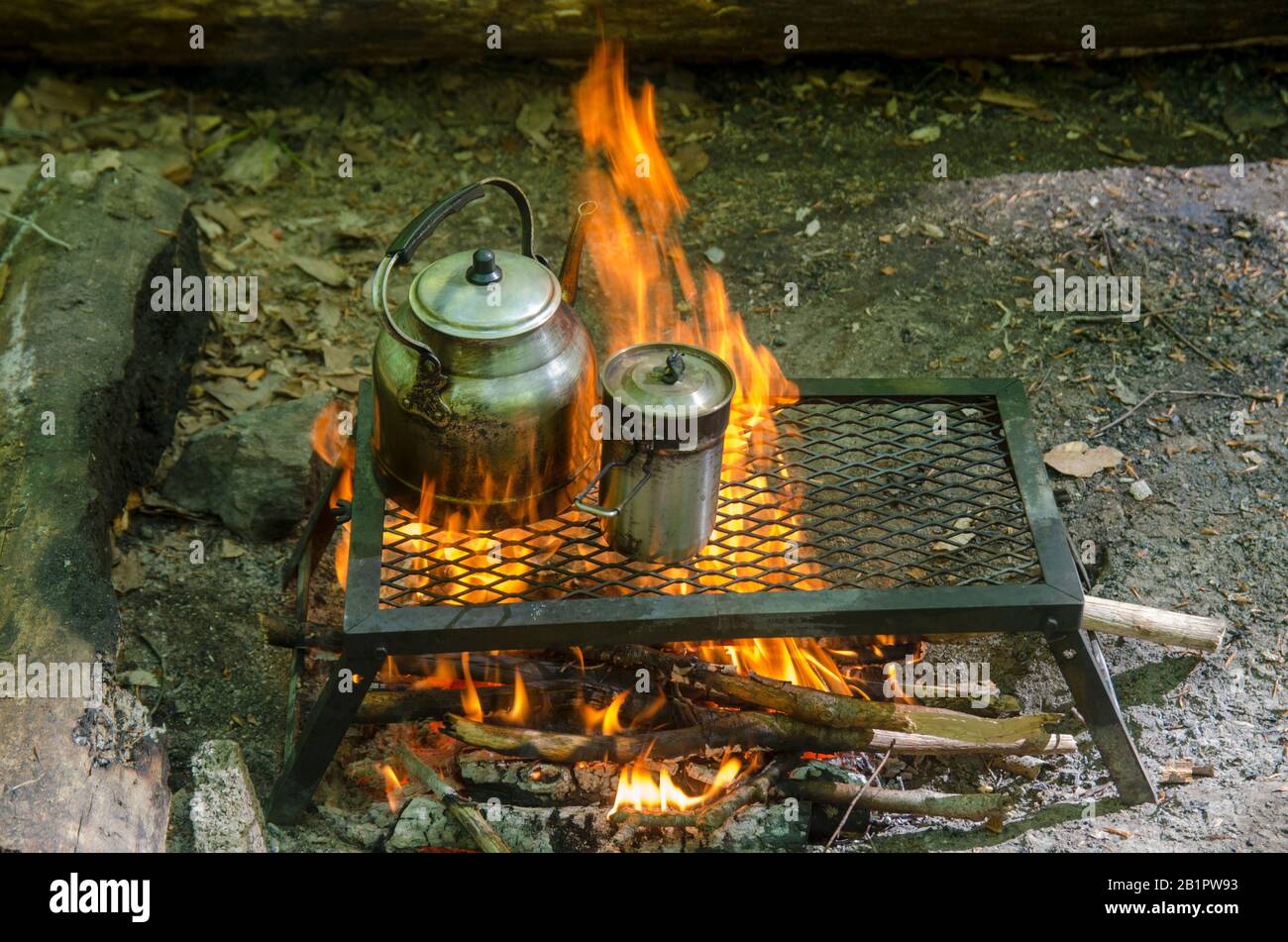 Cooking Tea in Camping Stock Photo - Alamy