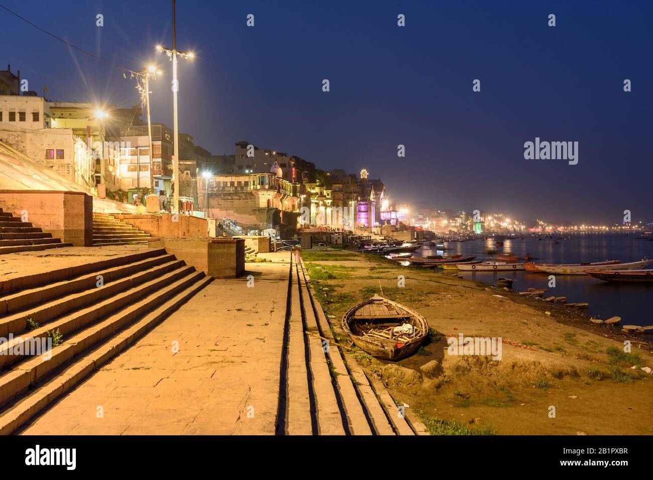 Colorful illumination of the Ghats in the night. Varanasi. India Stock ...