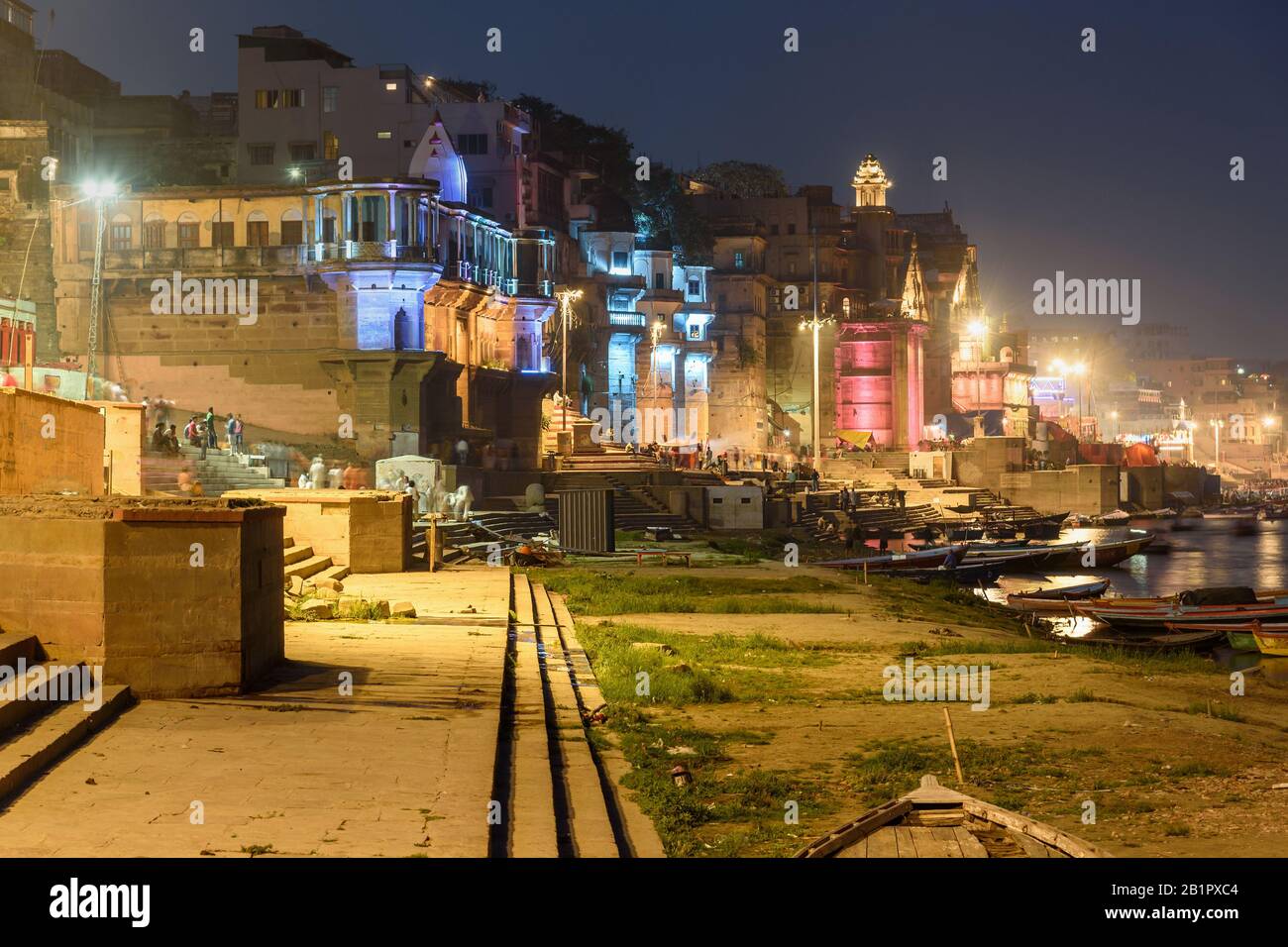 Colorful illumination of the Ghats in the night. Varanasi. India Stock ...
