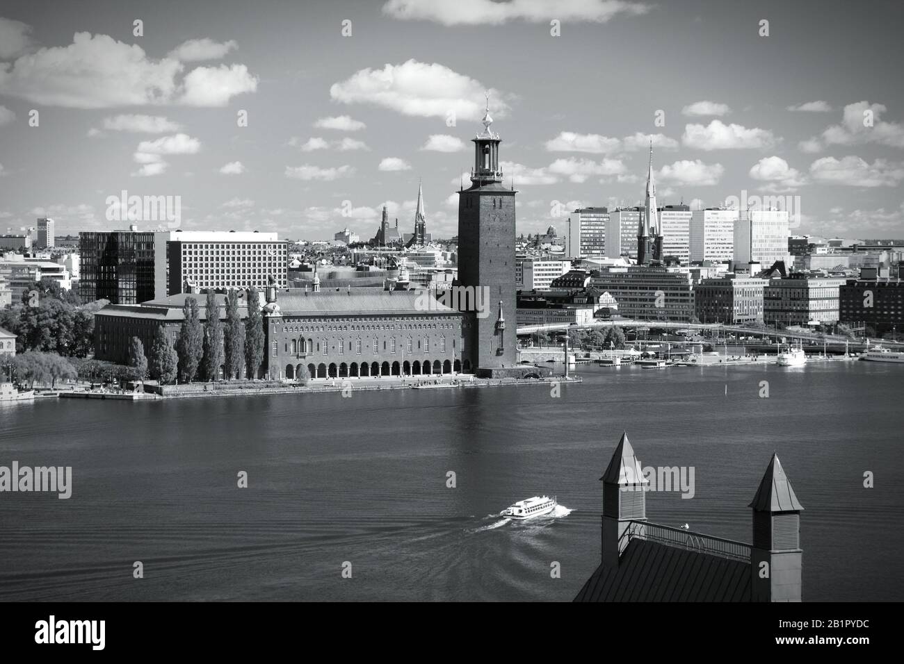 Stockholm skyline with the City Hall. Capital city of Sweden. Black and ...